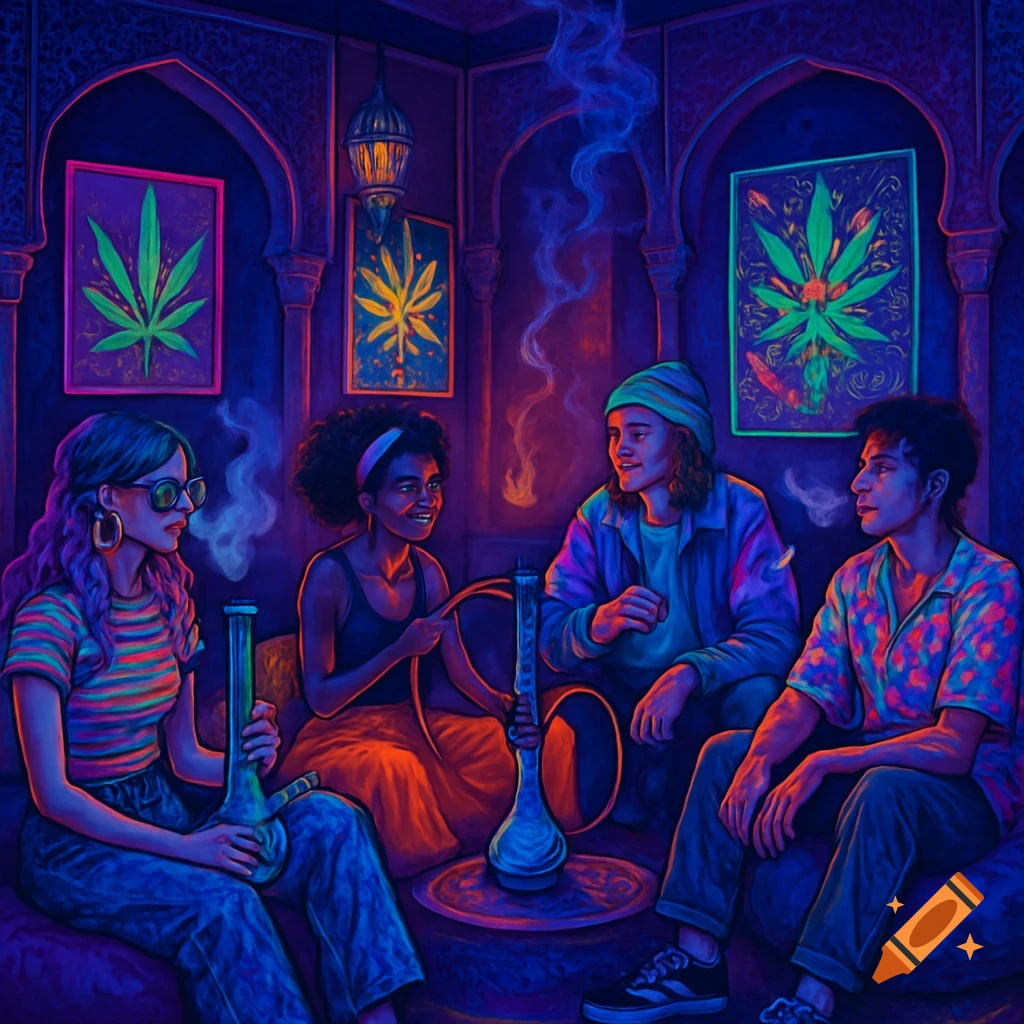 Vibrant painting of people smoking in a dark, neon-lit lounge with ...