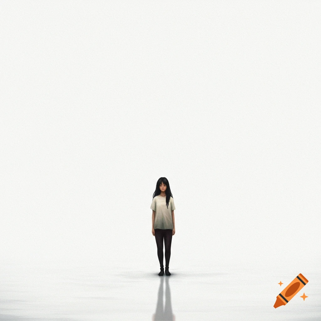 A solitary person stands in a large, bright white void. on Craiyon