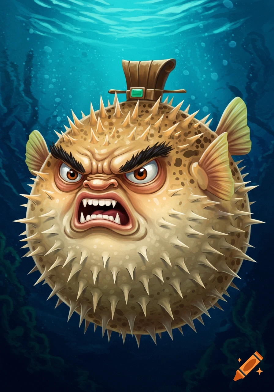 An angry cartoon pufferfish wearing a traditional hat, underwater ...