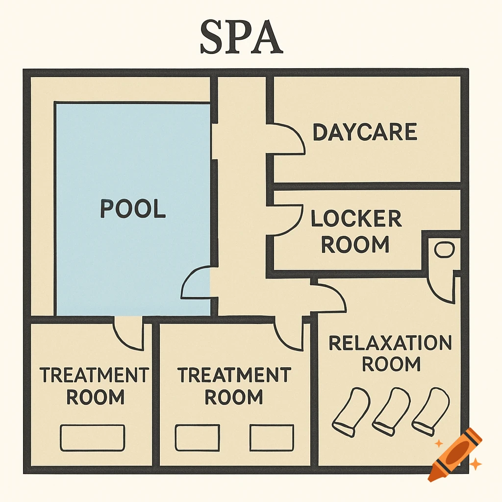 Floor plan of a spa with pool, daycare, locker room, treatment rooms ...