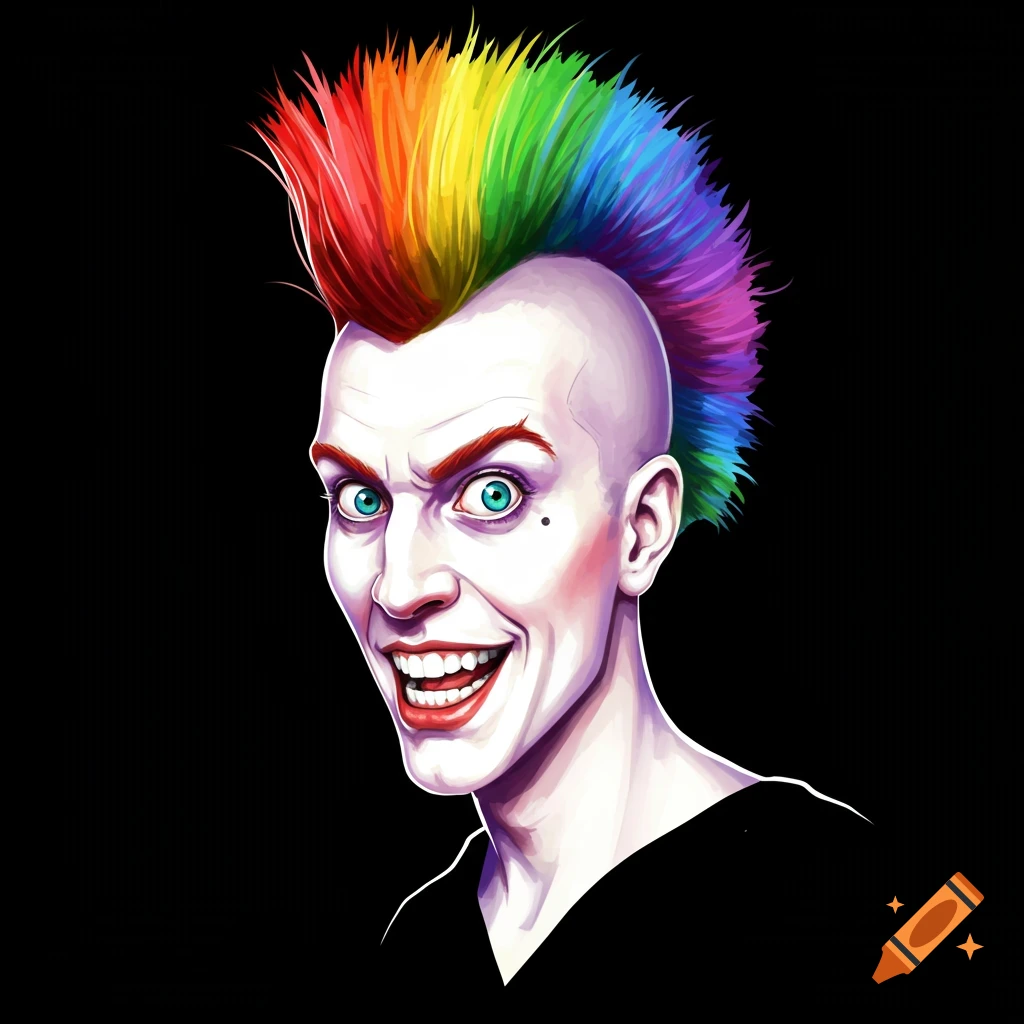 Illustration of a man with a rainbow mohawk and wild expression. on Craiyon