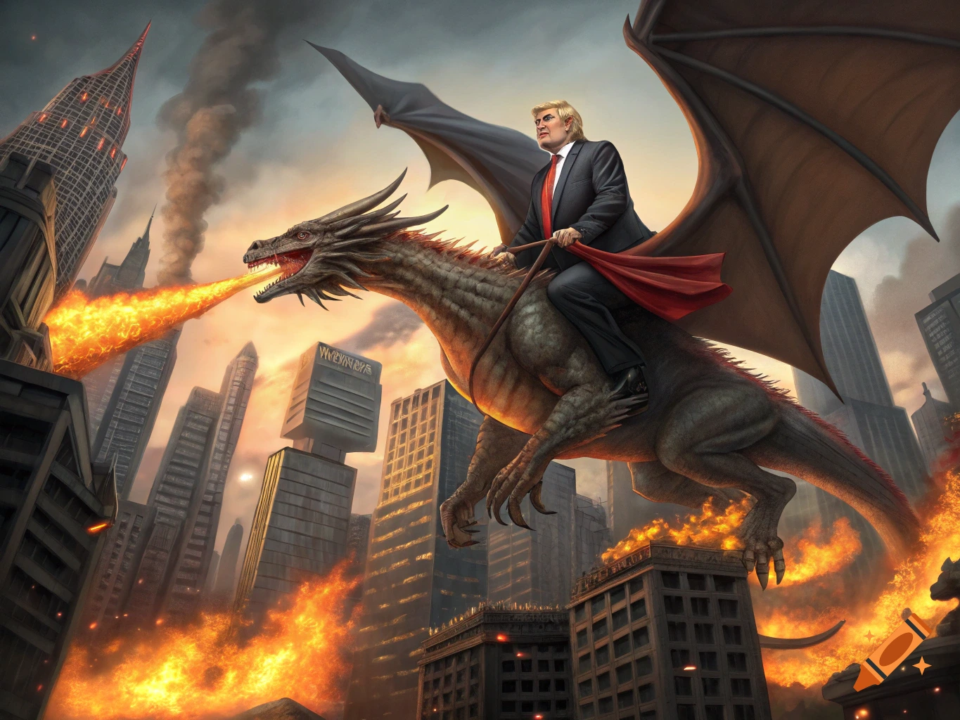 Donald Trump rides a fire-breathing dragon attacking a city. on Craiyon