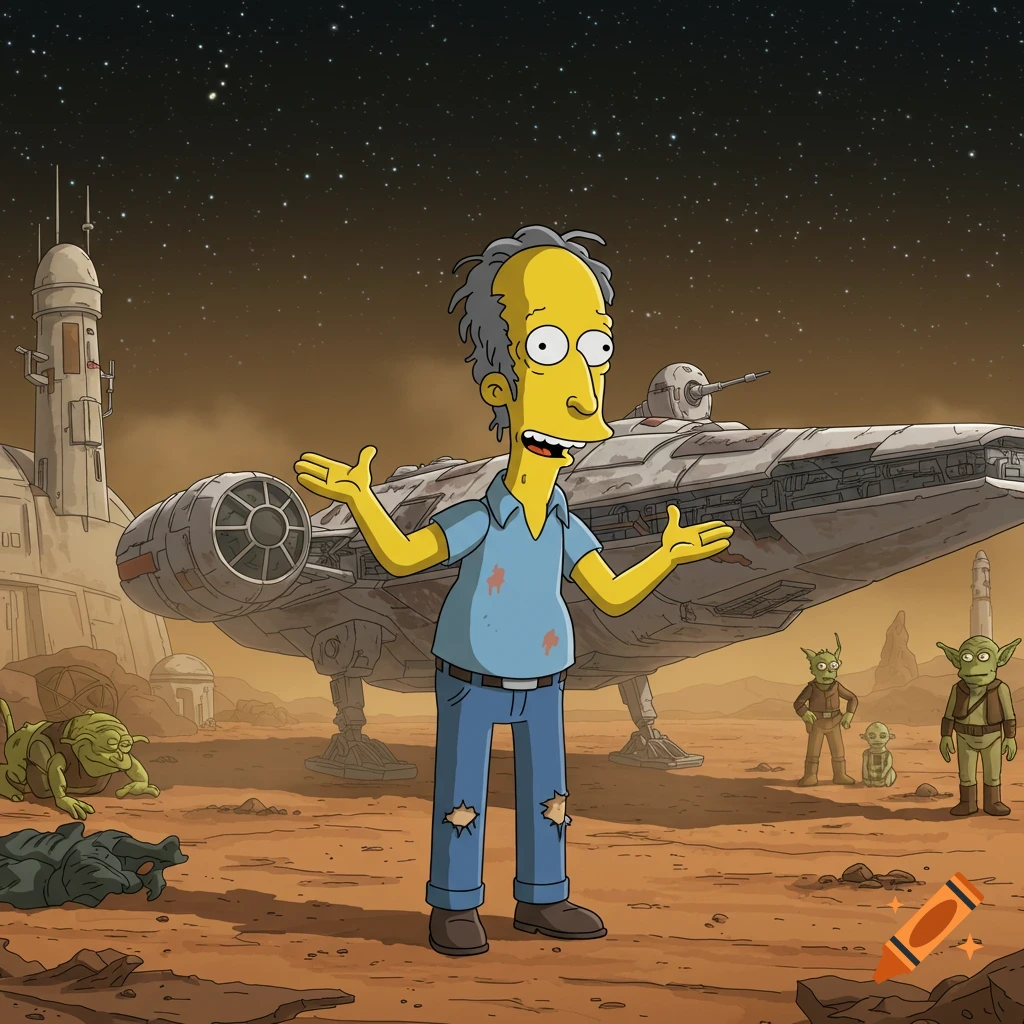 Gil from The Simpsons as a used starship salesman in a desert Star Wars ...