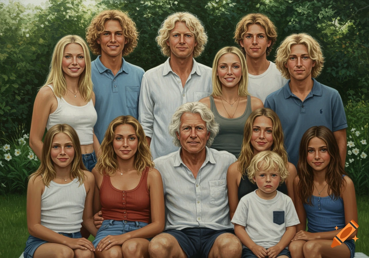 A large family poses for a group portrait painting in a garden. on Craiyon