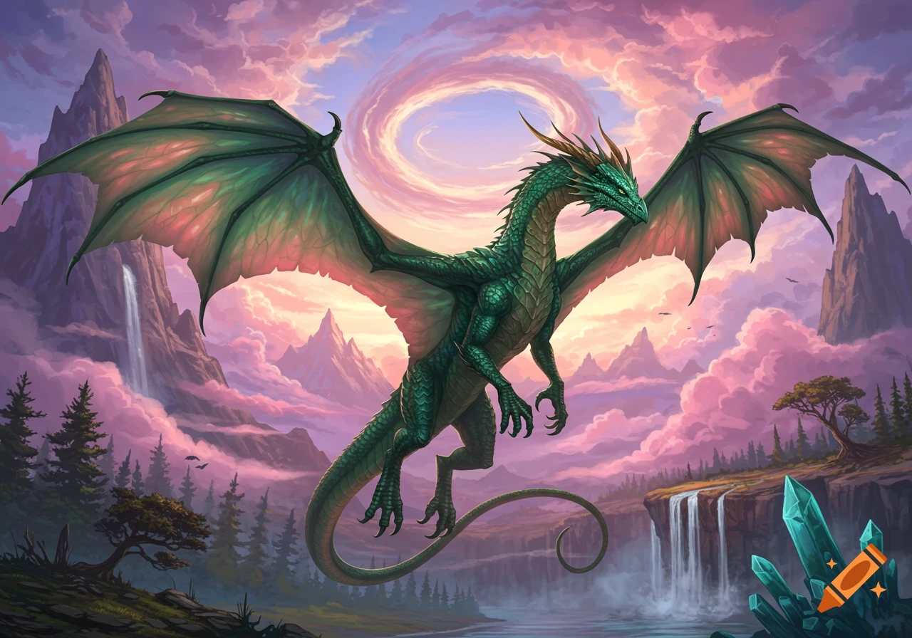 A green dragon flies over a fantasy landscape with mountains, waterfalls, and pink clouds at ...