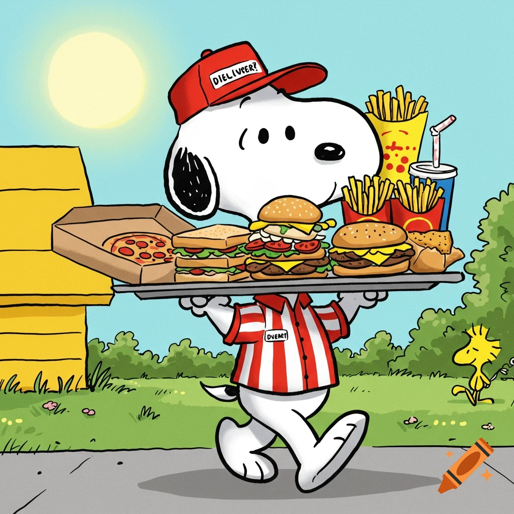 Cartoon Snoopy wearing a delivery hat and shirt, carrying a tray loaded ...