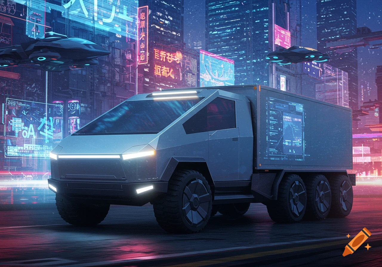 Futuristic cybertruck driving through a neon-lit cyberpunk city at ...