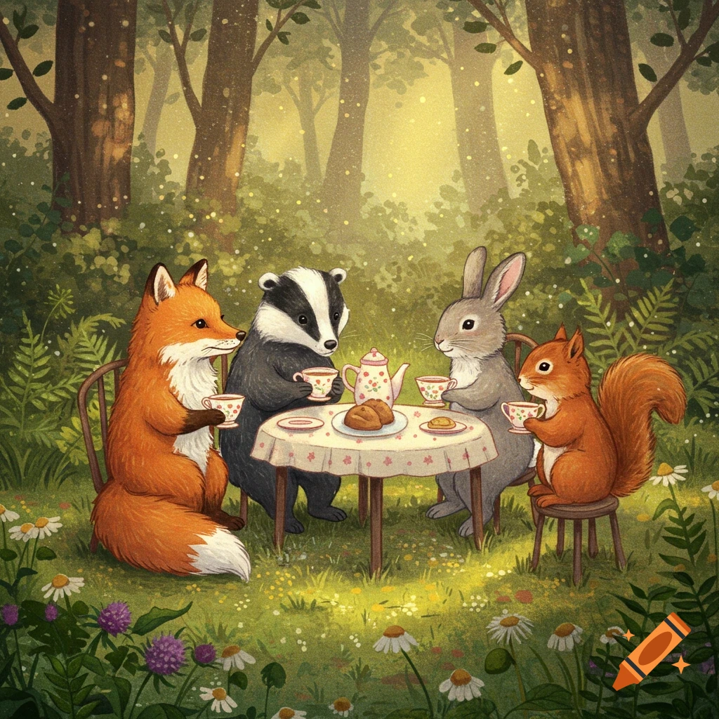 Woodland animals having a tea party in a forest clearing, illustrated ...