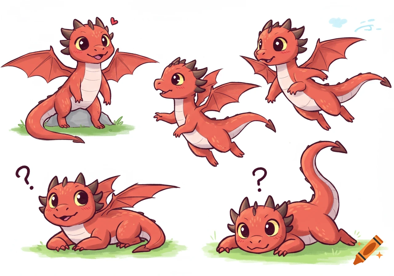 A simple 2d drawing of five cute red dragons in different poses. on Craiyon