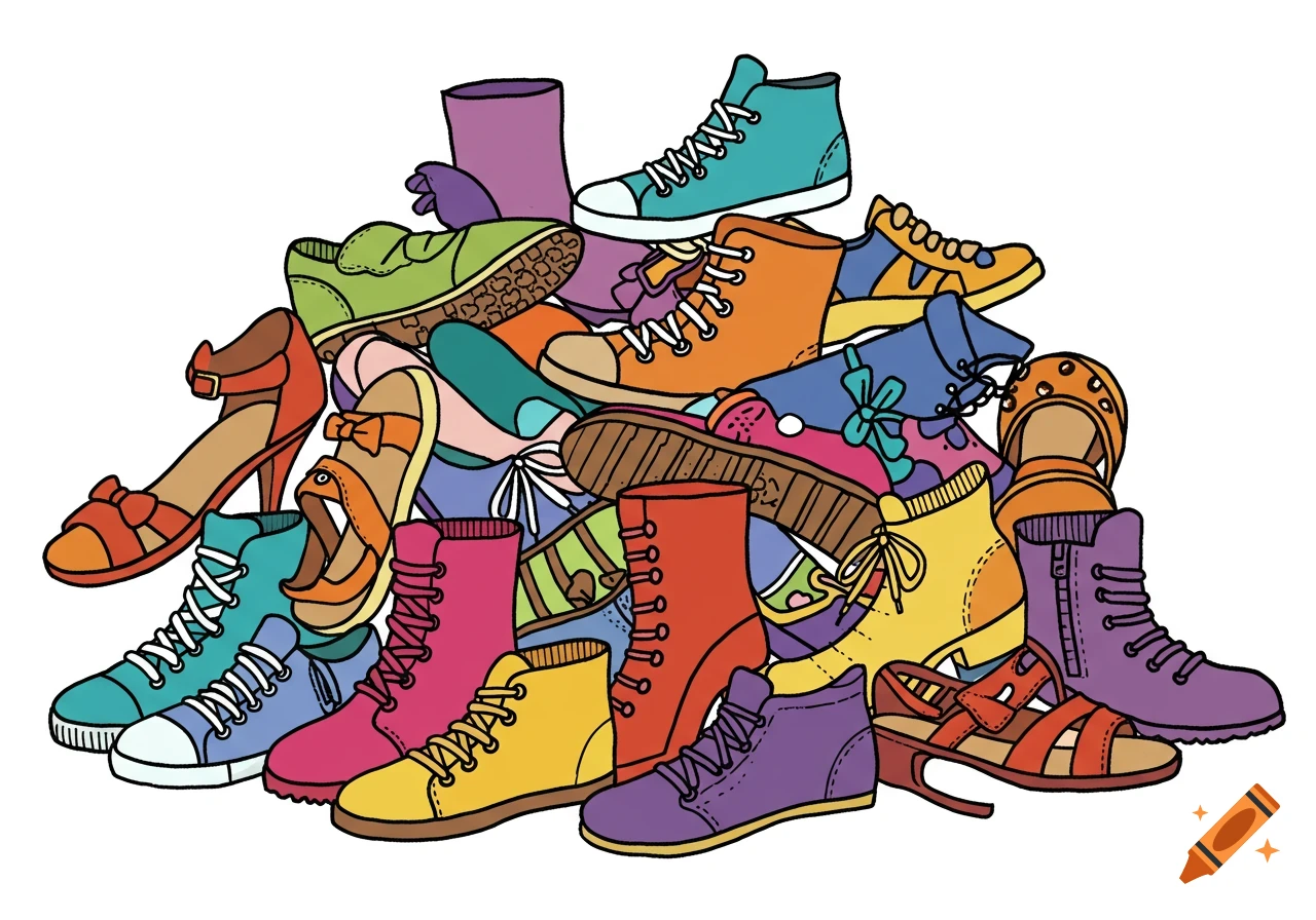 A colorful cartoon illustration of a pile of various shoes. on Craiyon