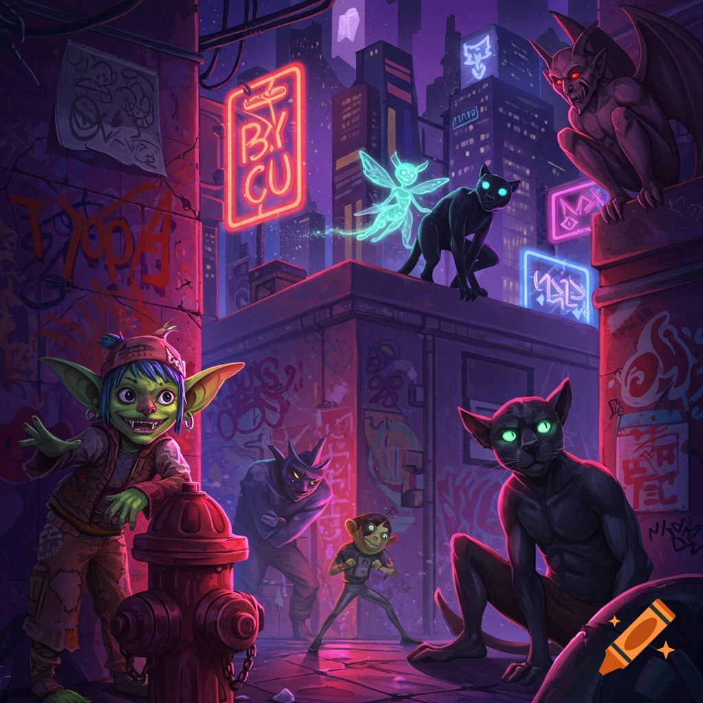 Urban fantasy creatures in a street at night with neon signs, including goblins, a gargoyle, and ...