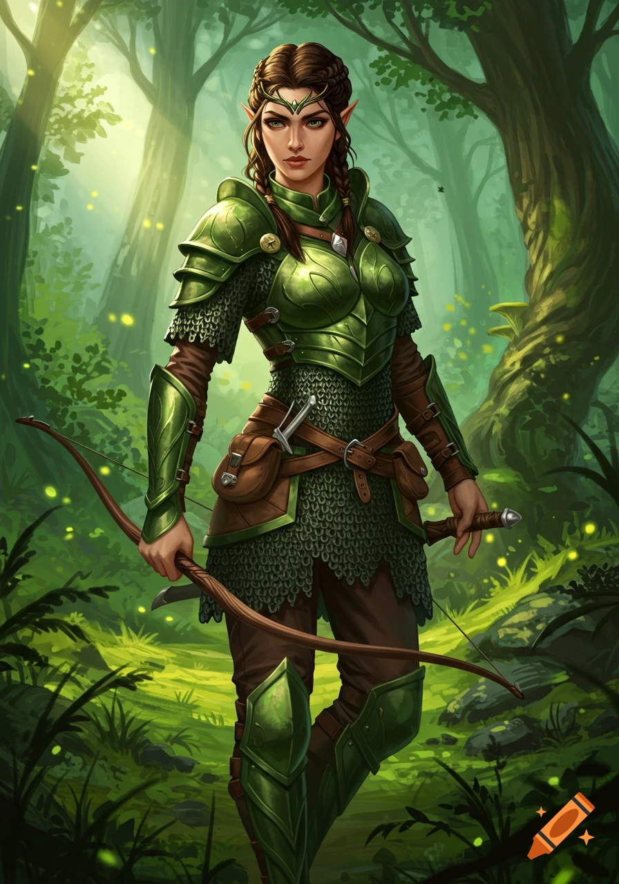 A female elf ranger in green armor holding a bow stands in a sunlit forest. on Craiyon