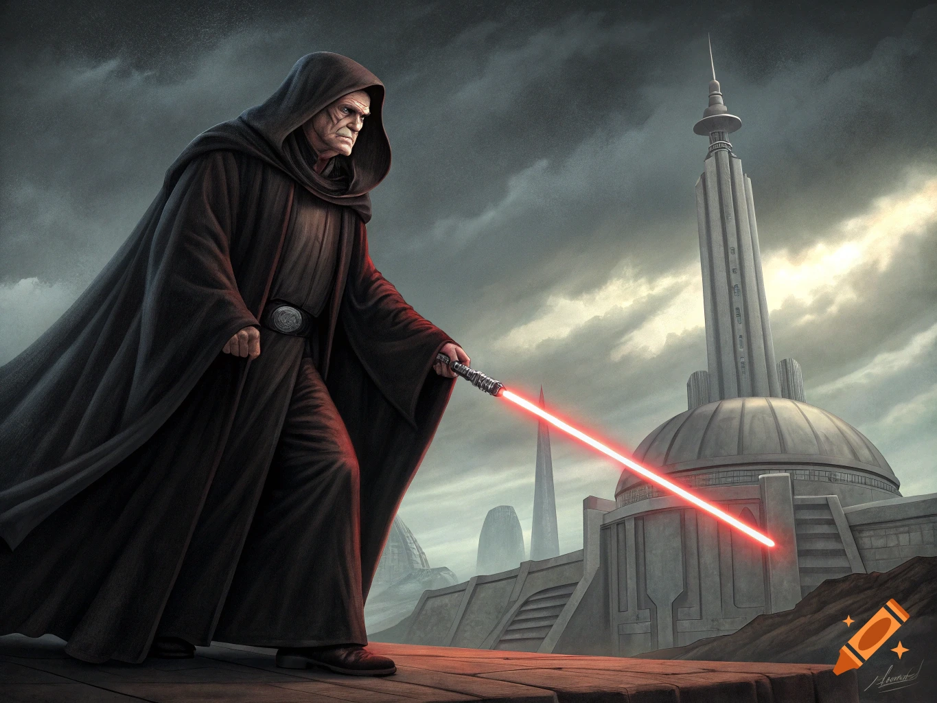 Emperor Palpatine in a dark robe holds a red lightsaber in front of a ...