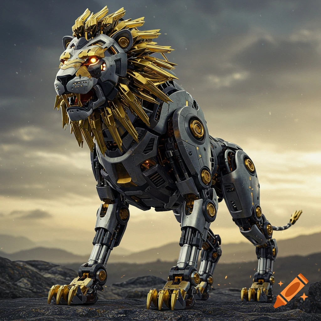 Detailed robot lion standing on a rocky landscape under a cloudy sky ...