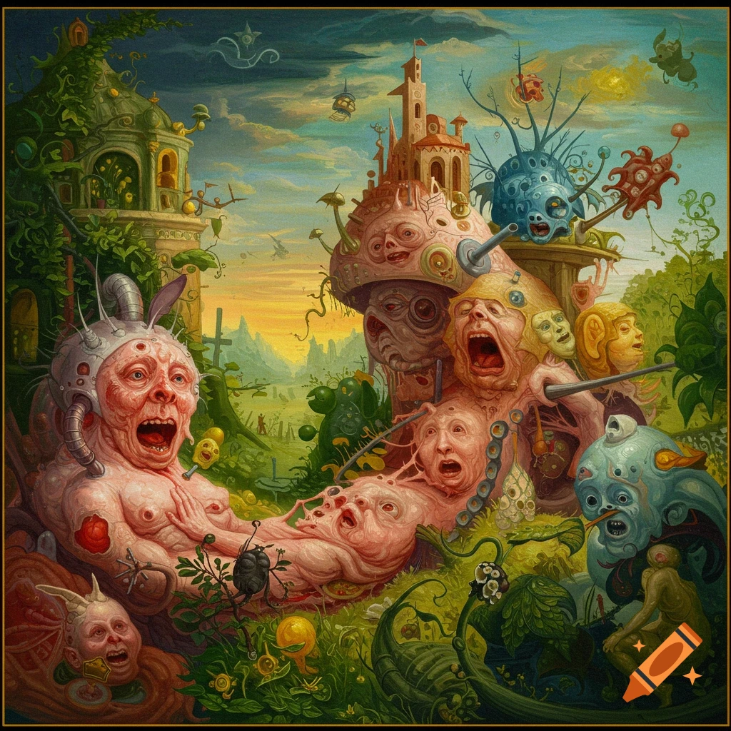 Surreal painting of grotesque figures in a melting landscape with ...