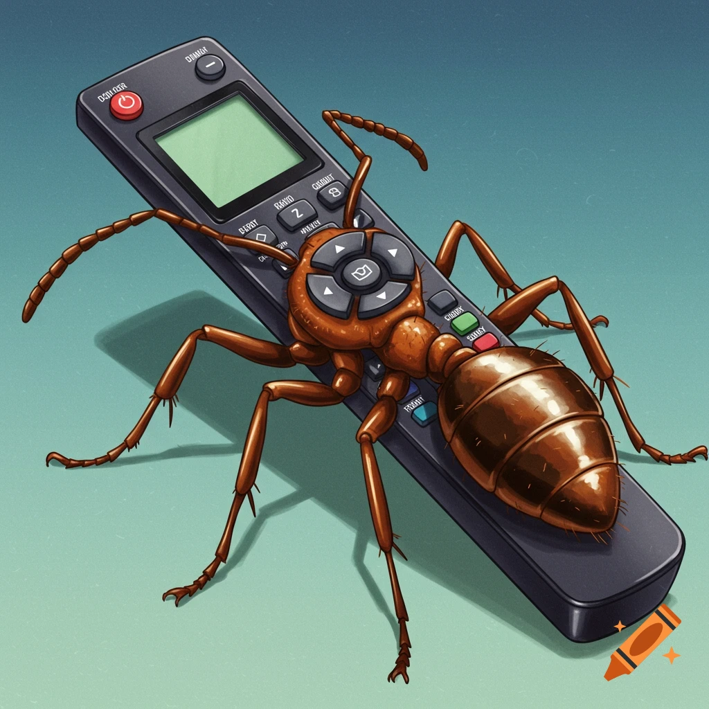 Illustration of a large ant sitting on a black remote control. on Craiyon