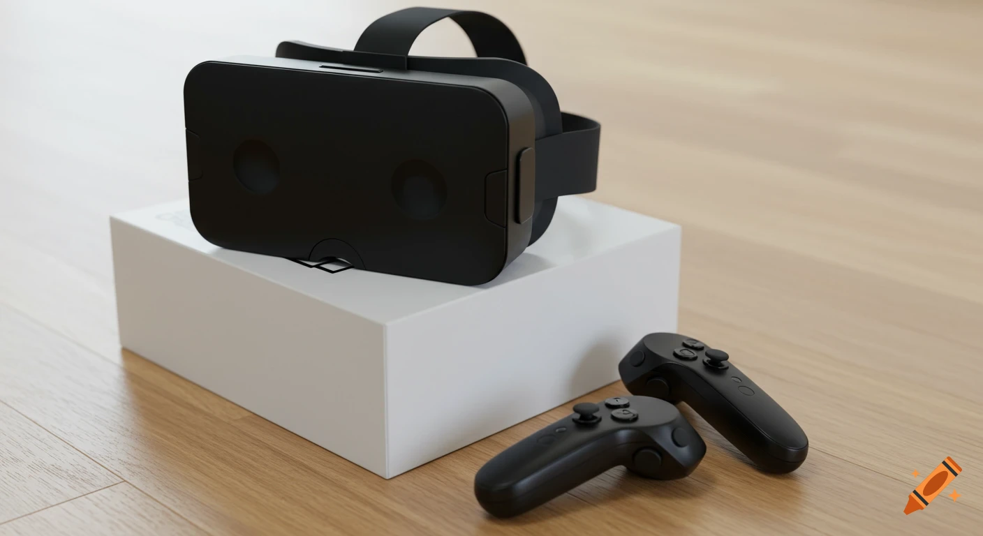 A black VR headset on a white box with two black controllers on a ...