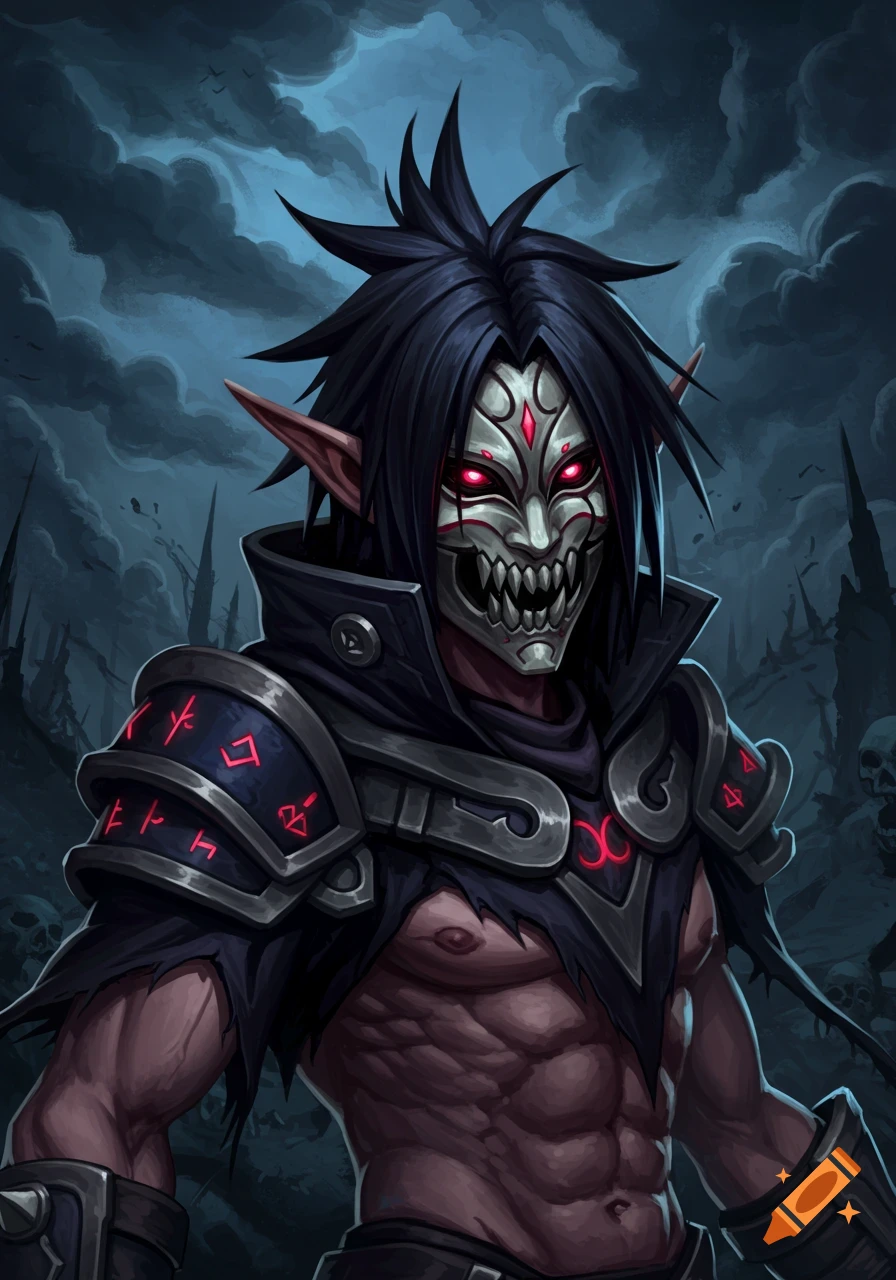 A dark fantasy warrior with a mask and glowing runes on armor. on Craiyon