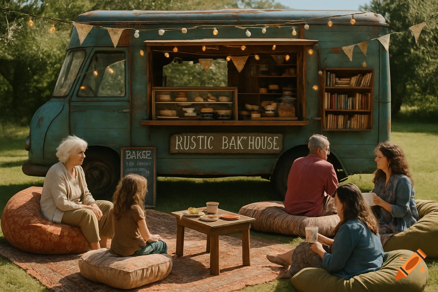 Rustic teal food van with bakery and bookshelf parked on grass, people ...
