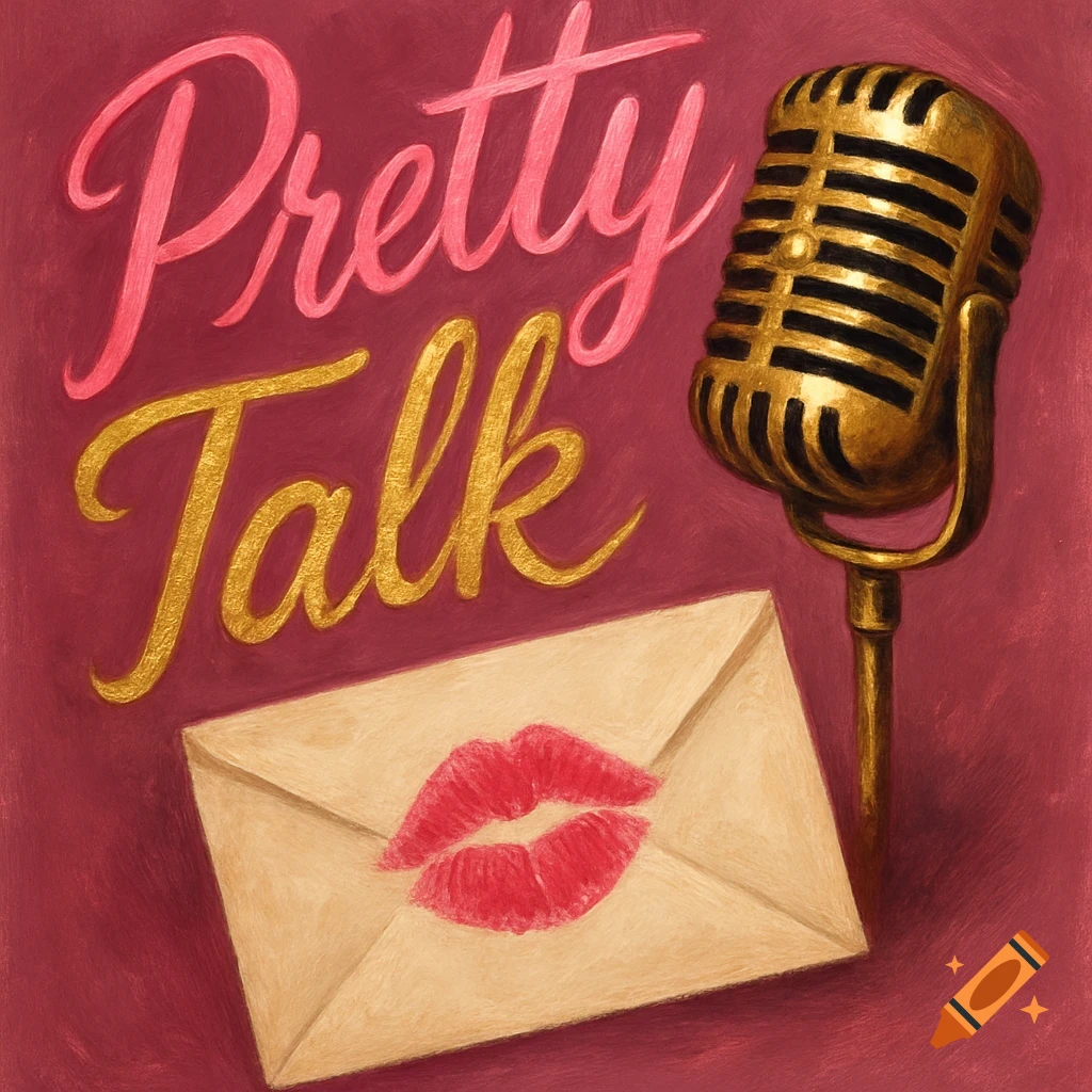 Painted image with 'Pretty Talk' text, a gold microphone, and an ...