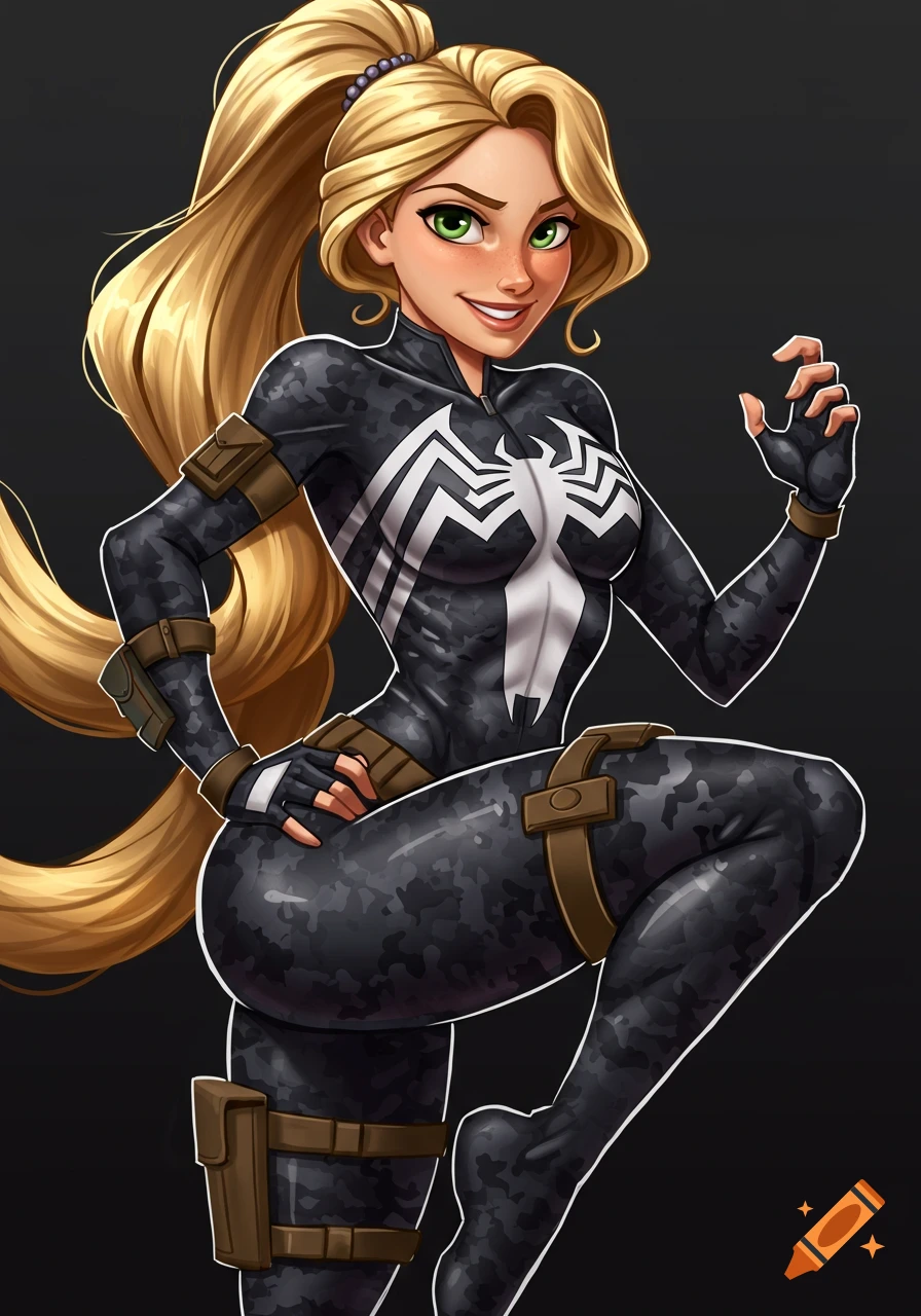 Illustration of Rapunzel in a black Venom suit with a camouflage ...