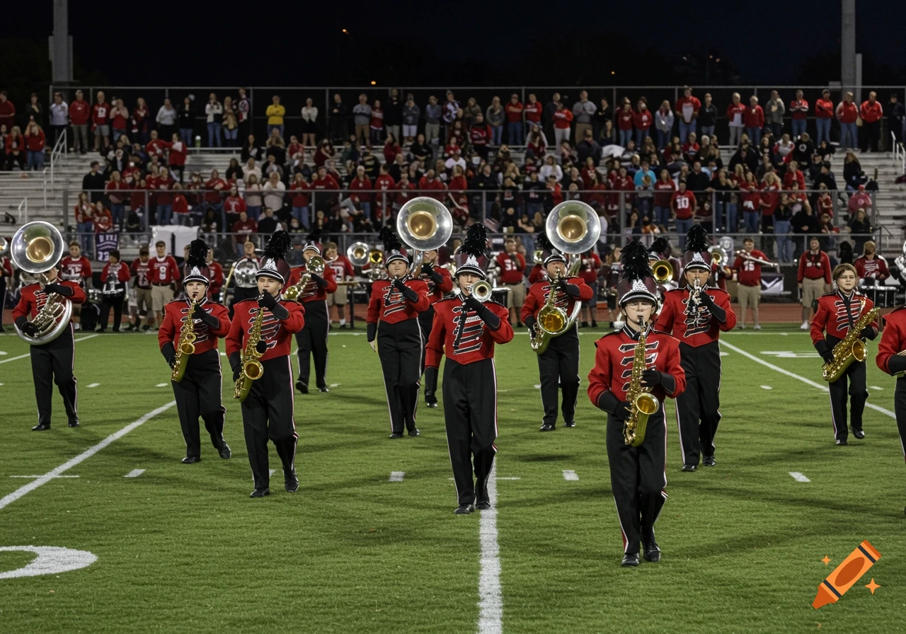 Marching band performs on a football field at night during a game. on ...