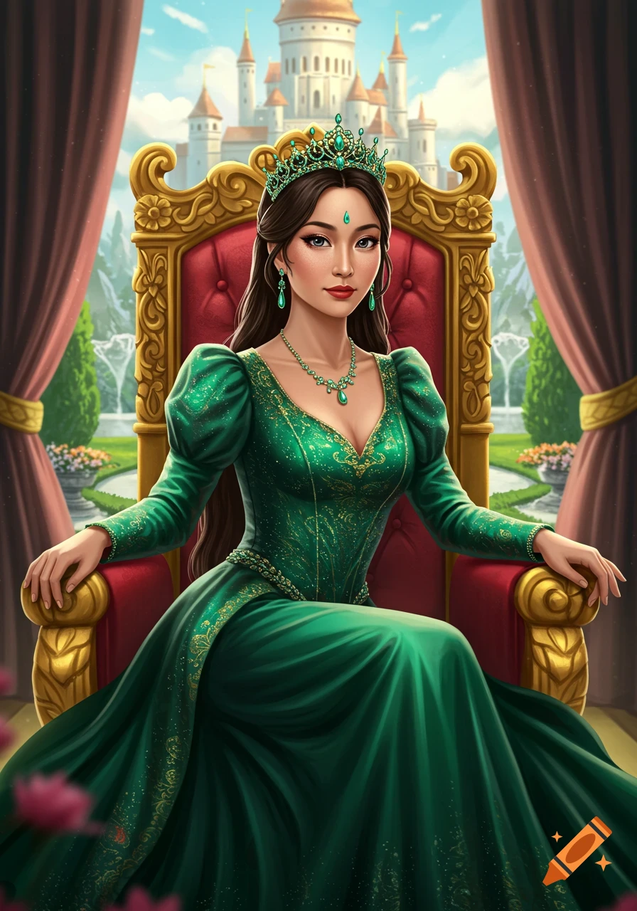 A beautiful princess in a green dress and tiara sits on a golden throne ...