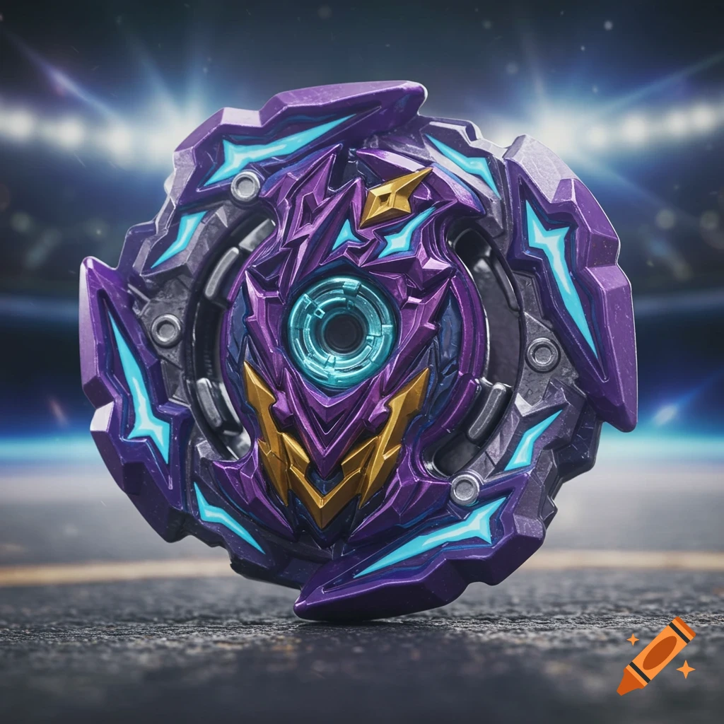 A photorealistic purple and blue Beyblade toy in a stadium. on Craiyon