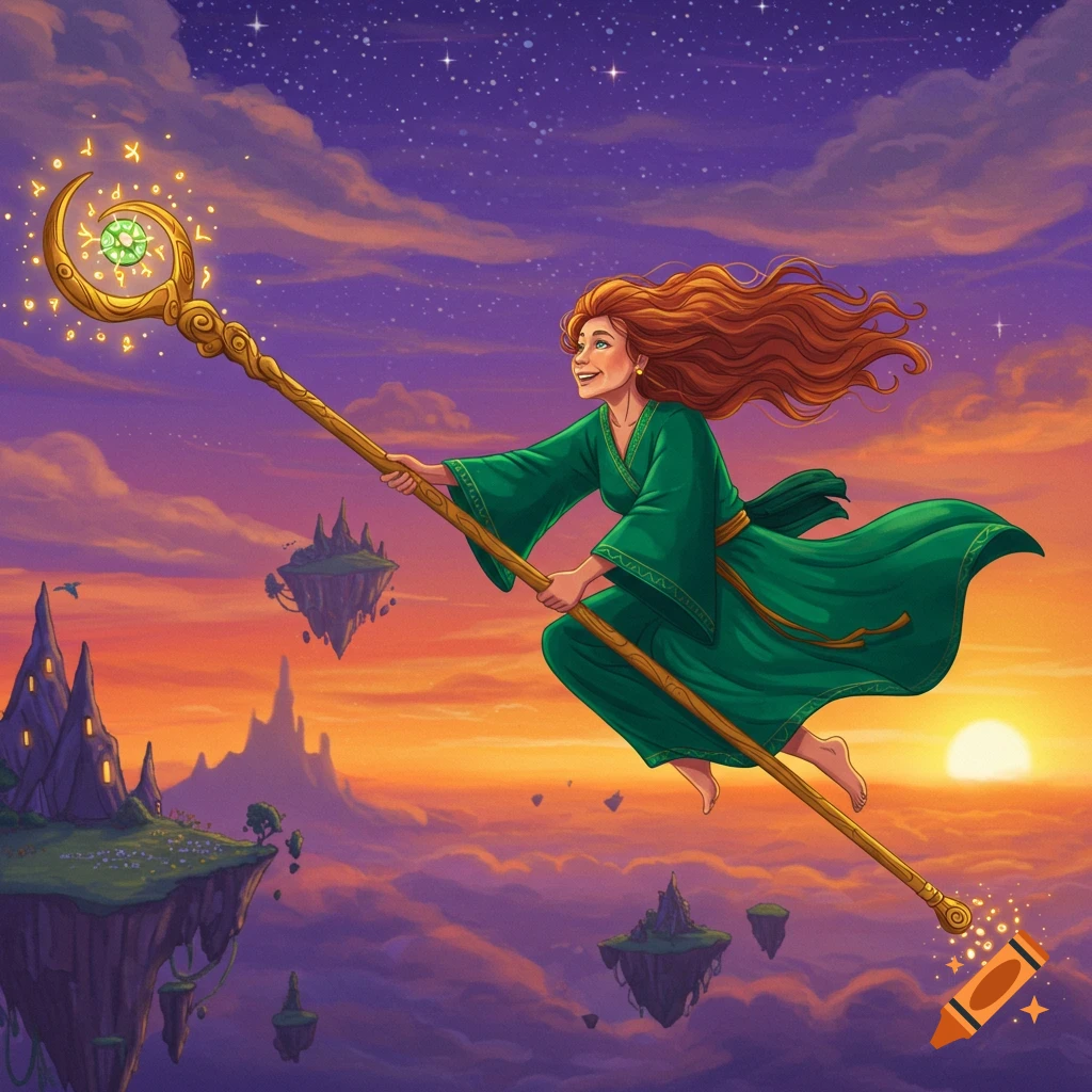 Woman flies on a glowing staff over floating islands at sunset. on Craiyon