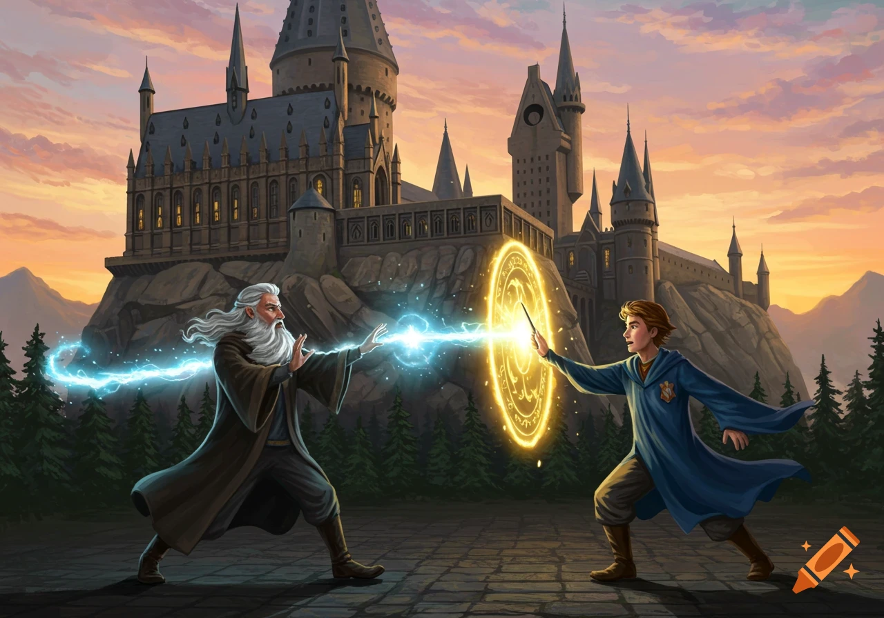 Two wizards duel with magic blasts in front of a large fantasy castle ...