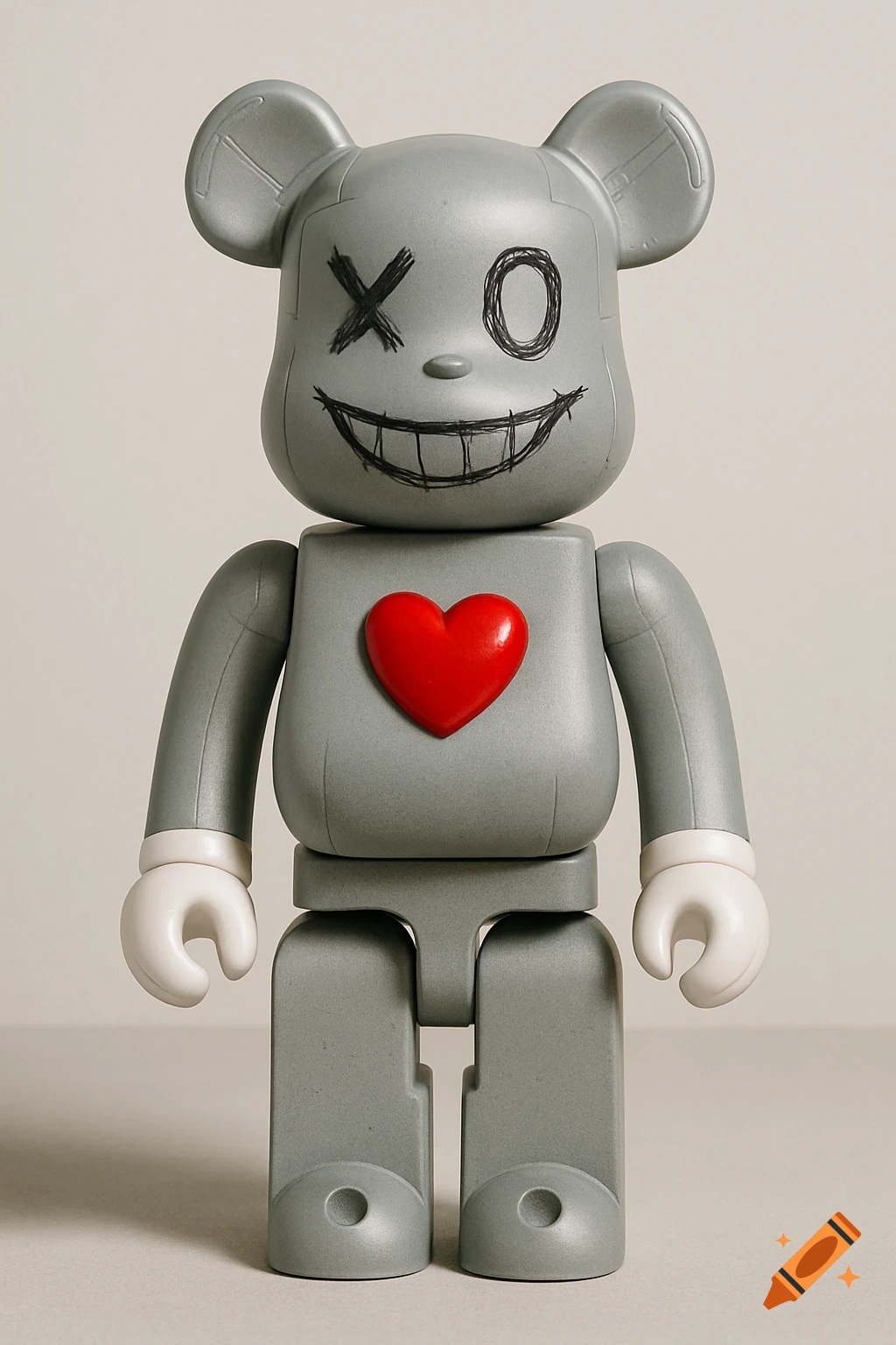 Grey toy figure with X and O eyes, a jagged grin, and a red heart on ...