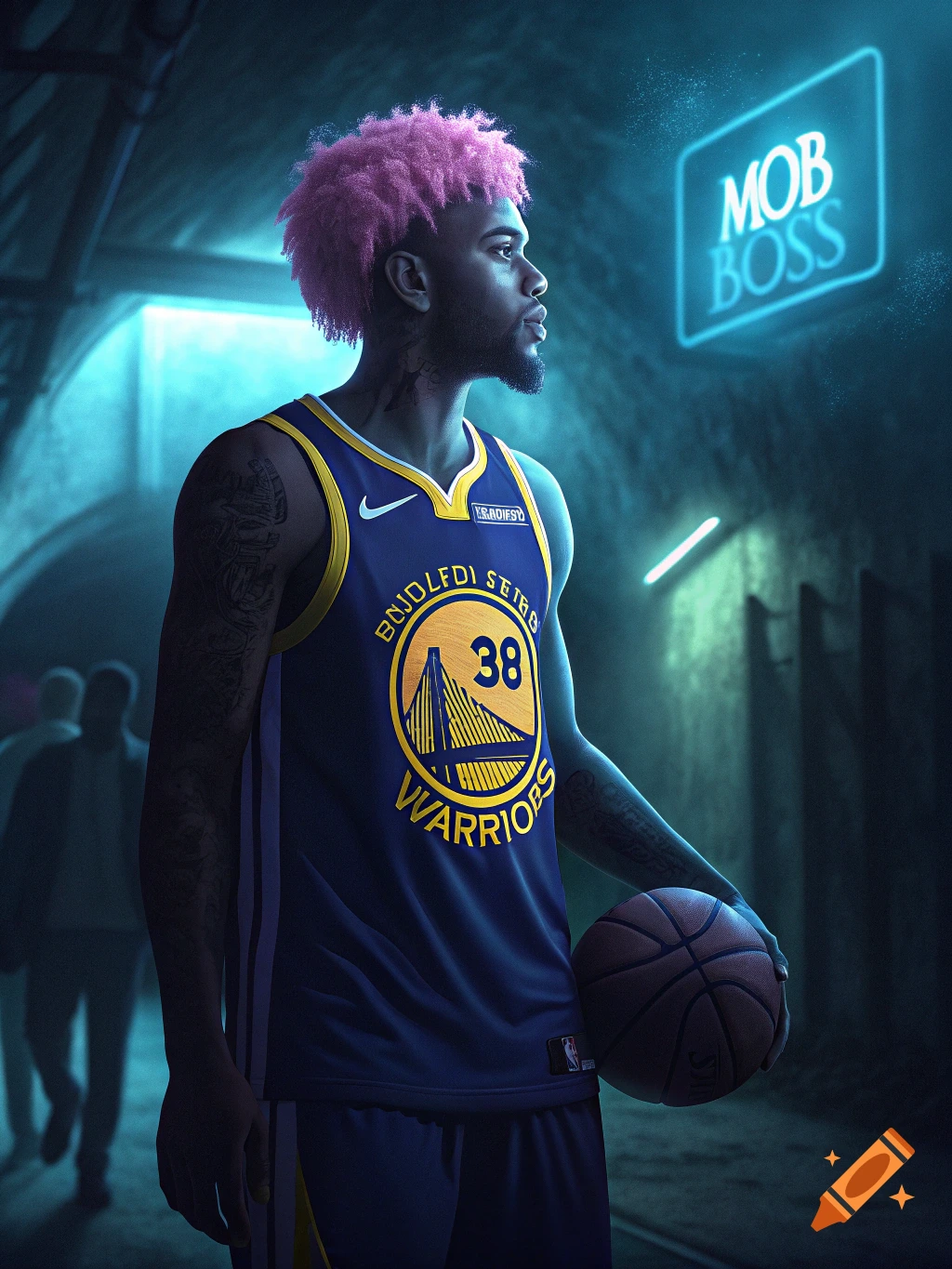 Person with pink hair in a basketball jersey holding a ball in a dark ...