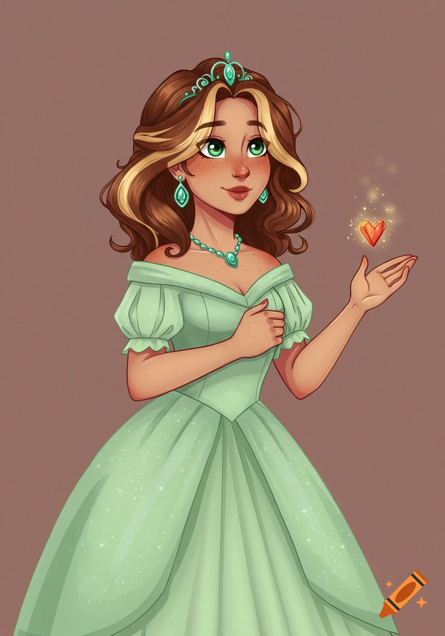 A cartoon princess in a light green dress with brown hair, blonde ...