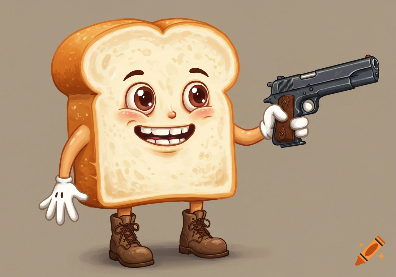 A cartoon slice of bread with a face, arms, and legs holds a pistol. on ...