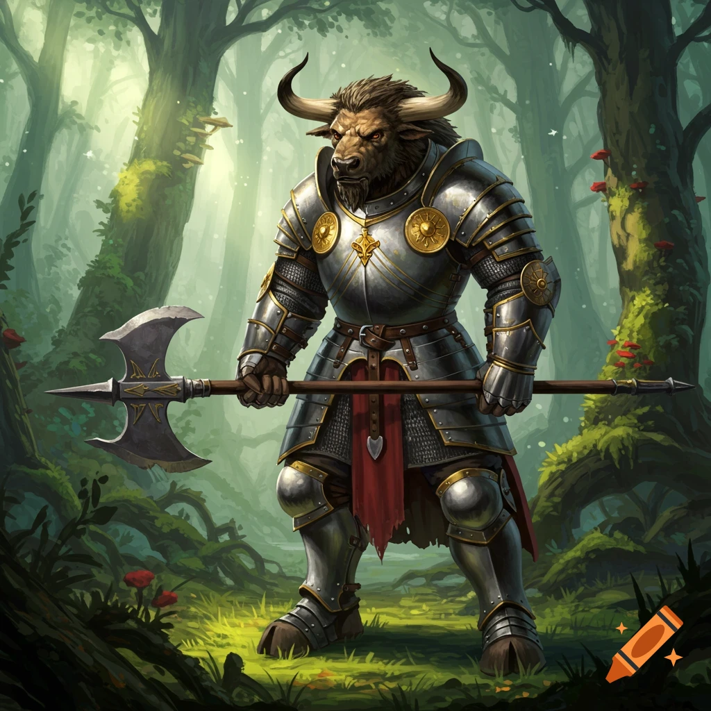 A minotaur in full medieval armor stands in a forest holding a halberd ...