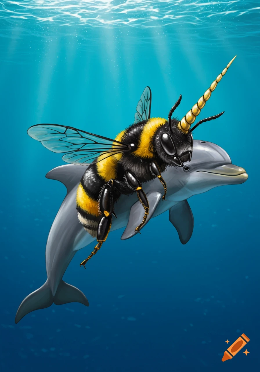 Fantastical creature with bumblebee head, dolphin body, and narwhal ...