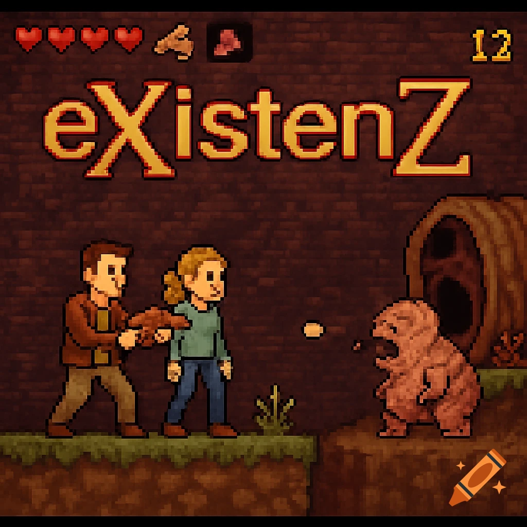 Pixel art scene showing two characters shooting a monster, with game UI ...