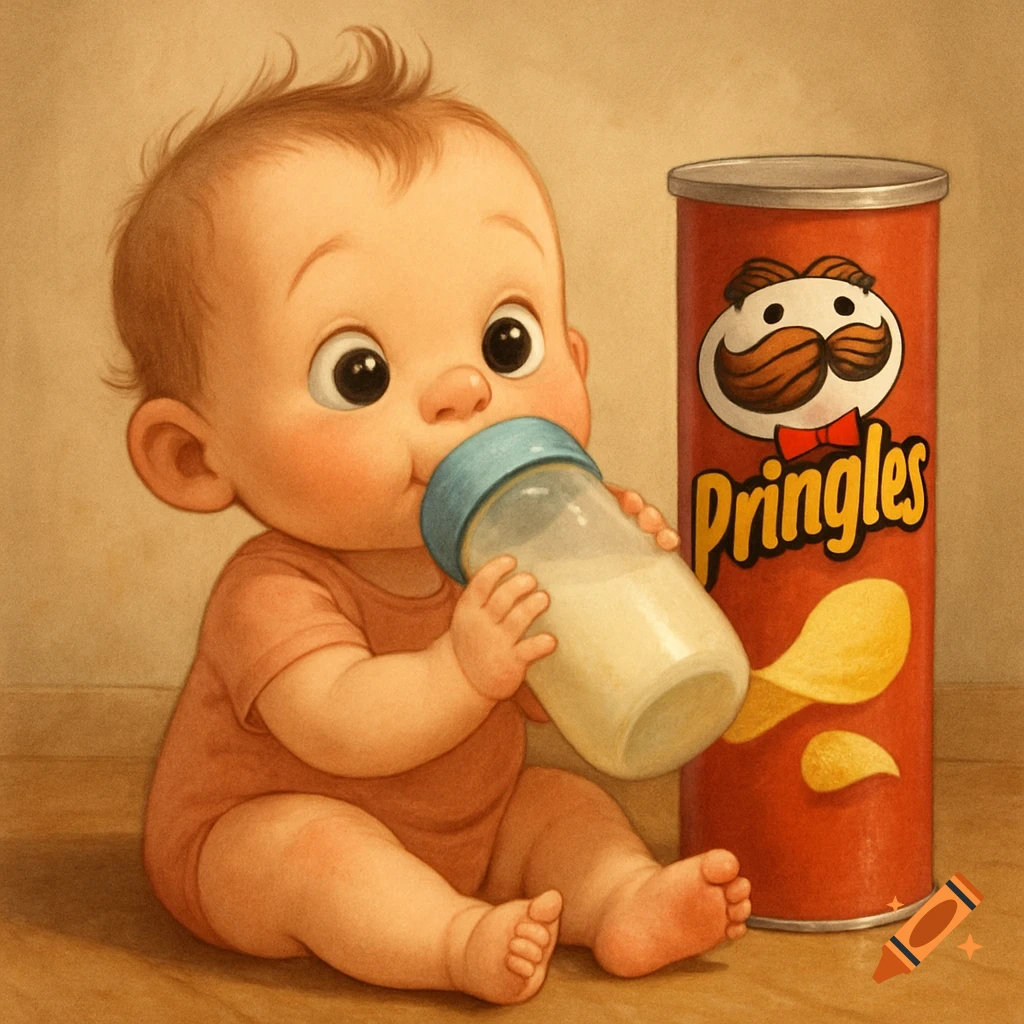 A cute illustrated baby sits next to a Pringles can, drinking from a ...