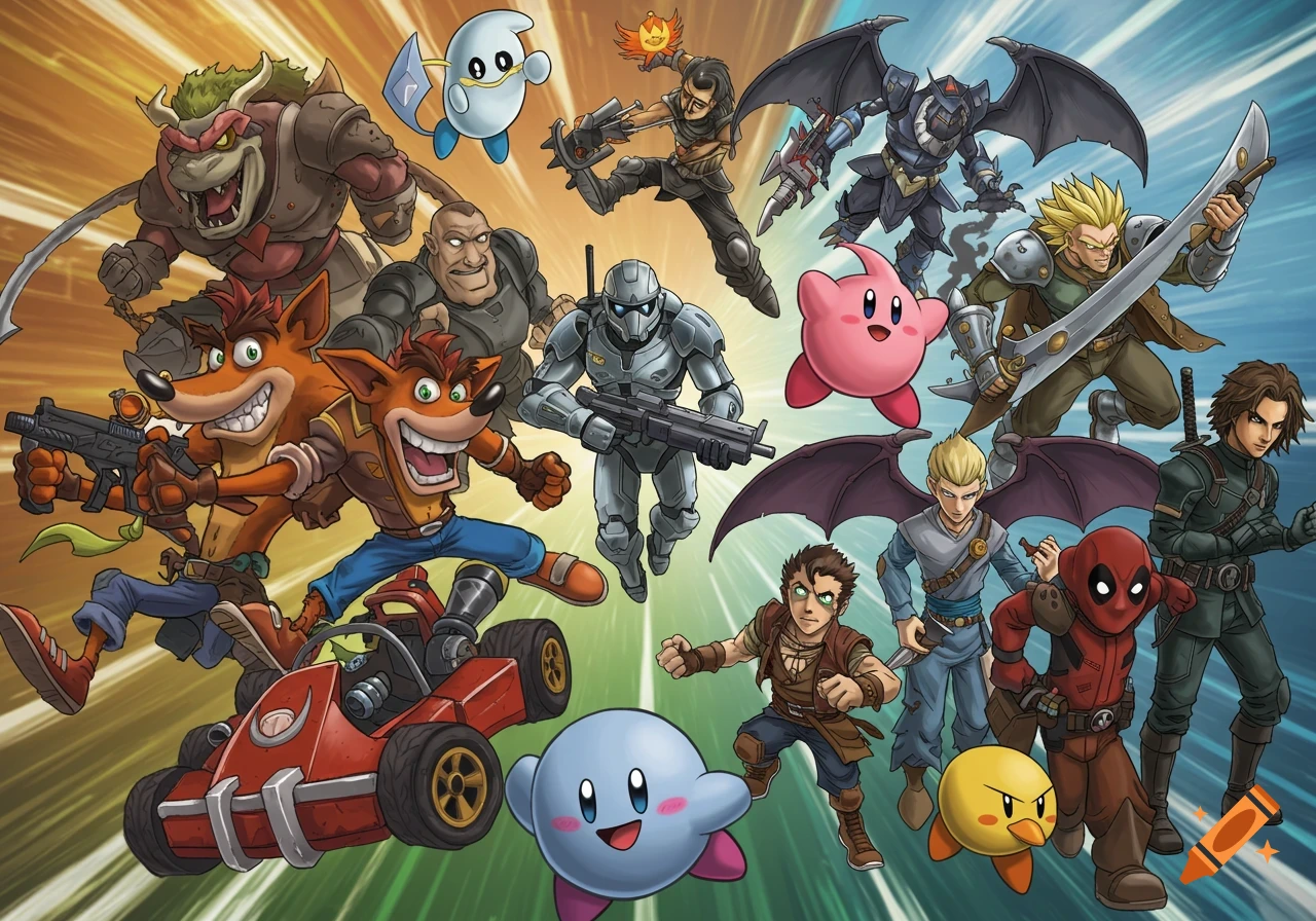 Cartoon illustration of many characters from video games and comics ...
