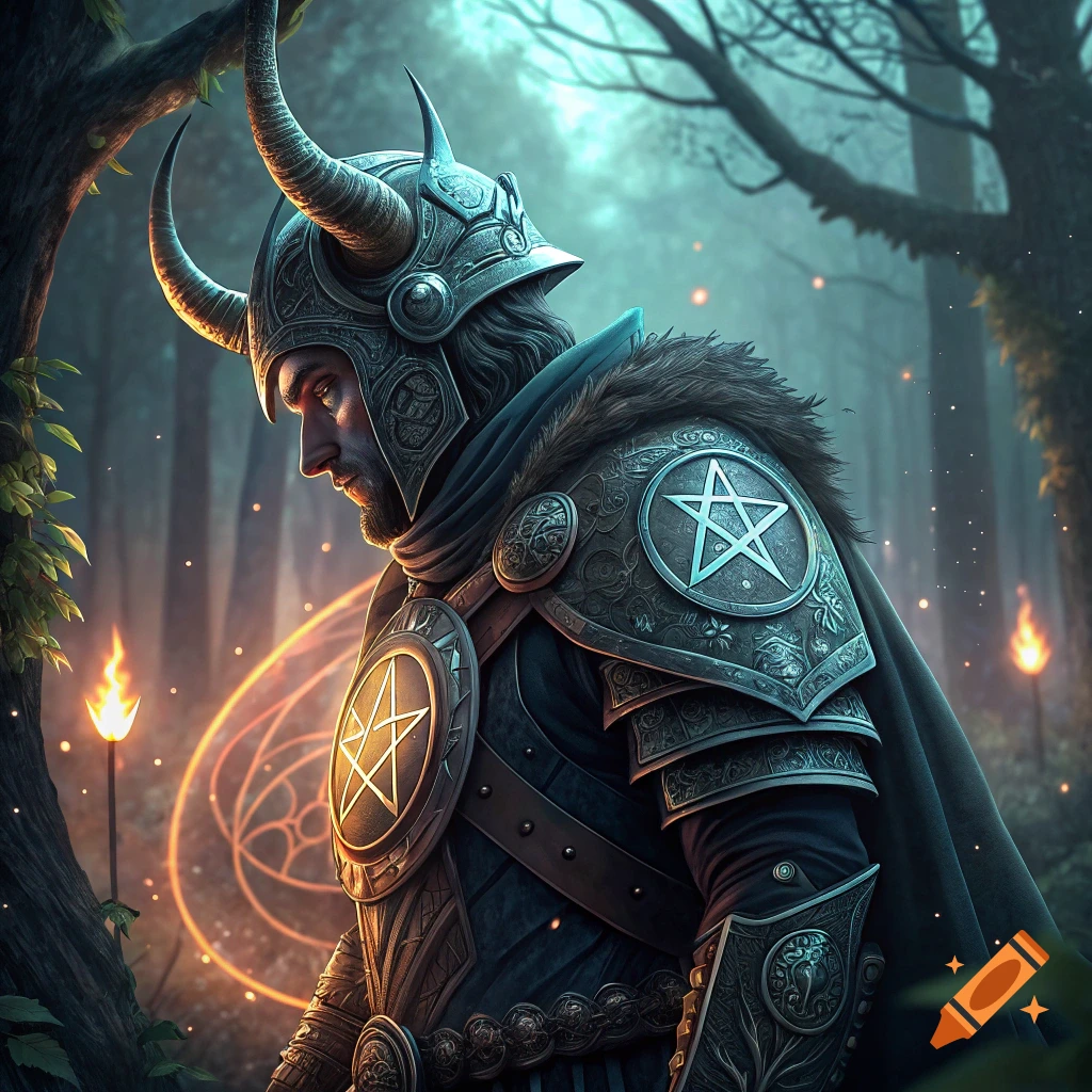 Figure in horned armor with pentagrams in a magical forest. on Craiyon