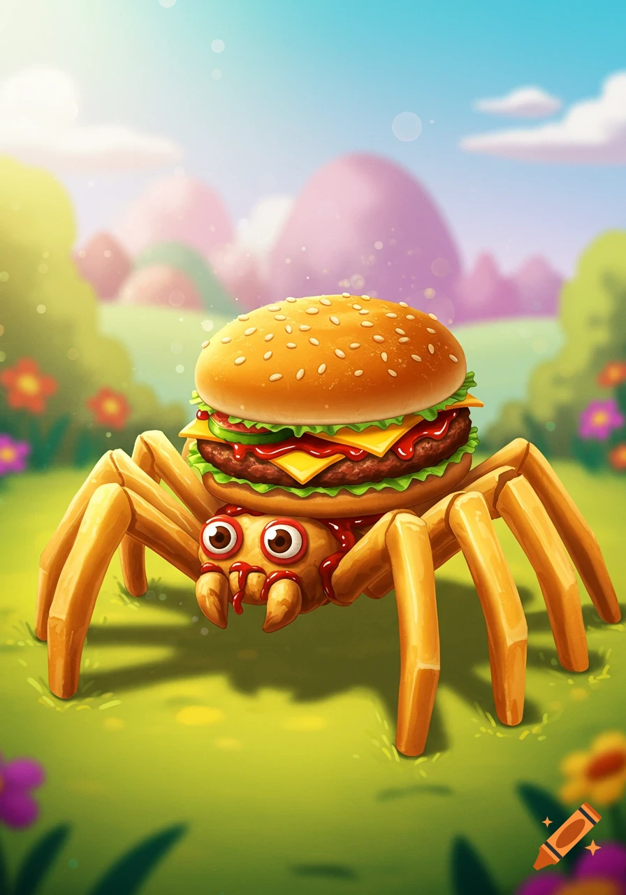 Cartoon burger with french fry legs like a spider sits in a sunny field ...