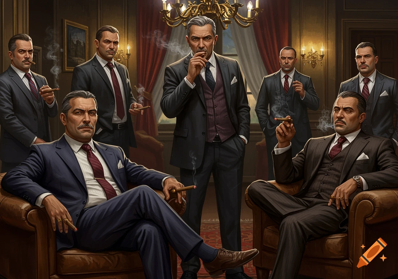 Group of men in suits smoking cigars in a luxurious mansion room. on ...