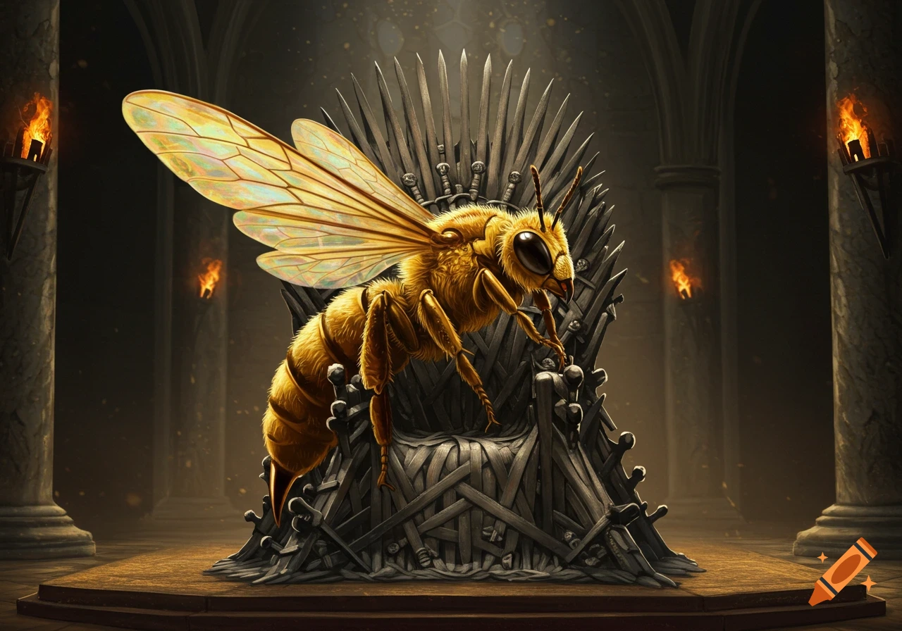A giant bee sits on the Iron Throne in a dark, vaulted hall with ...