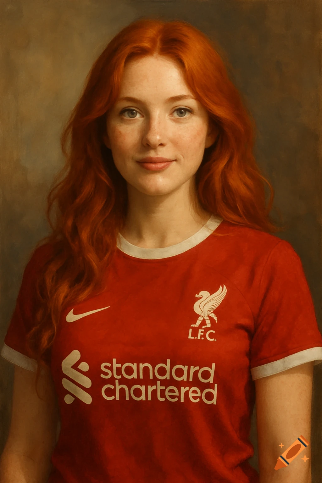 A woman with red hair wearing a red Liverpool football shirt in a ...