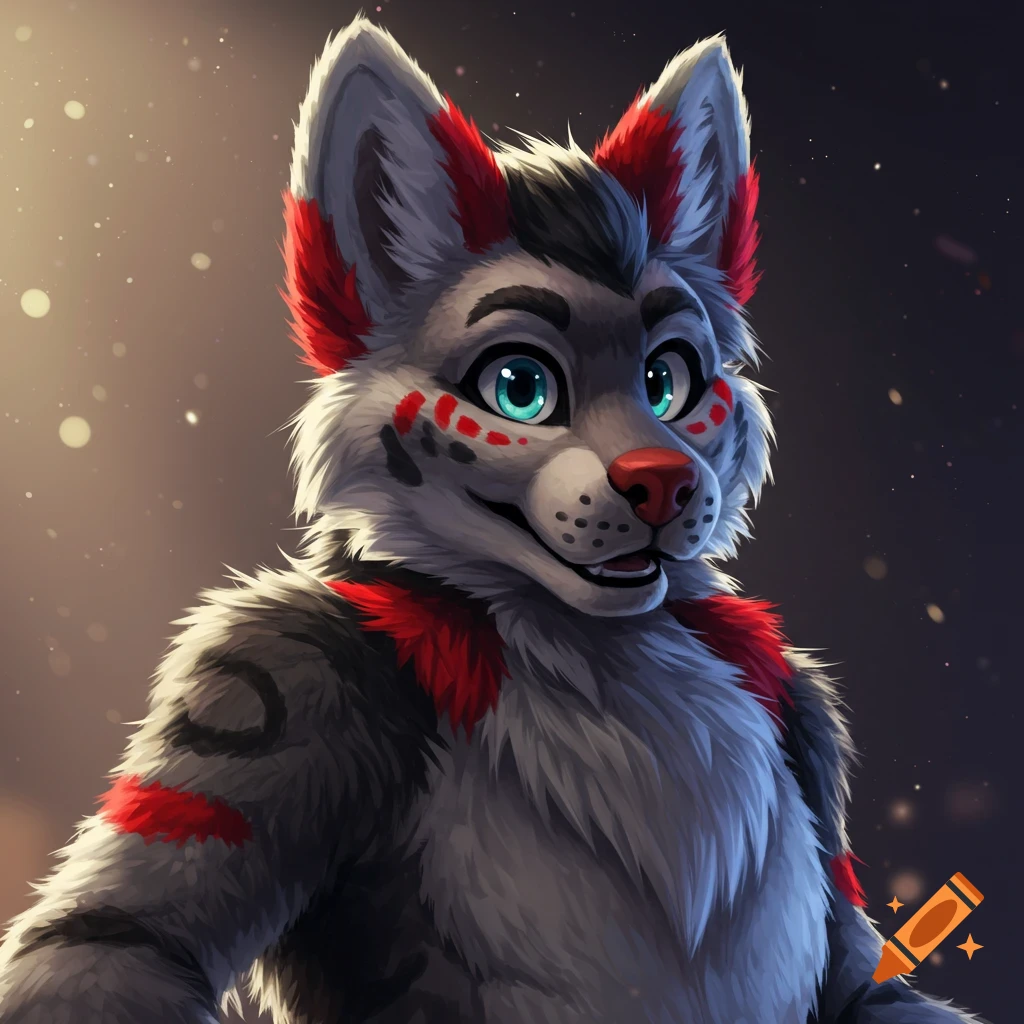 Stylized portrait of a grey, black, and red furry wolf character with ...