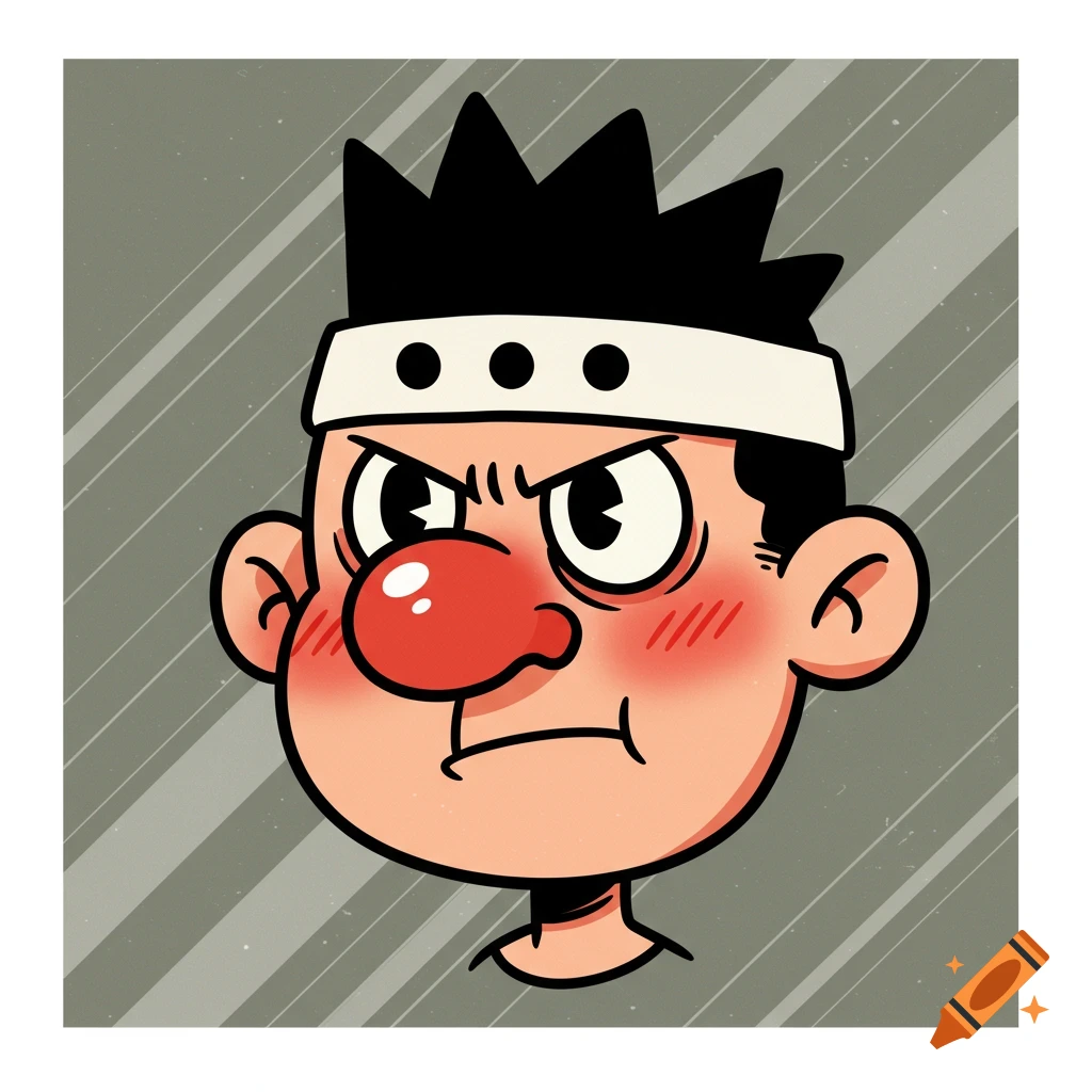 Cartoon character head with angry expression, red nose, headband, and ...