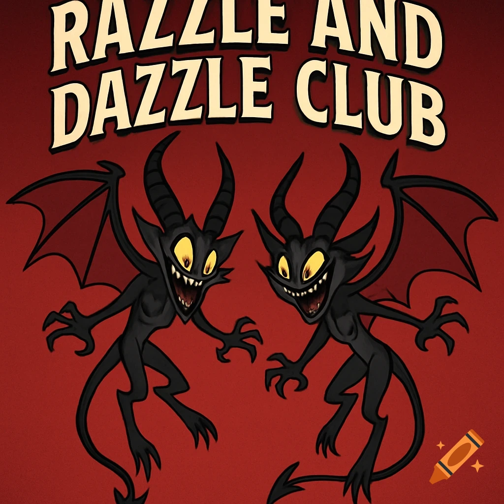 Two black cartoon demons with red wings and sharp teeth under text ...