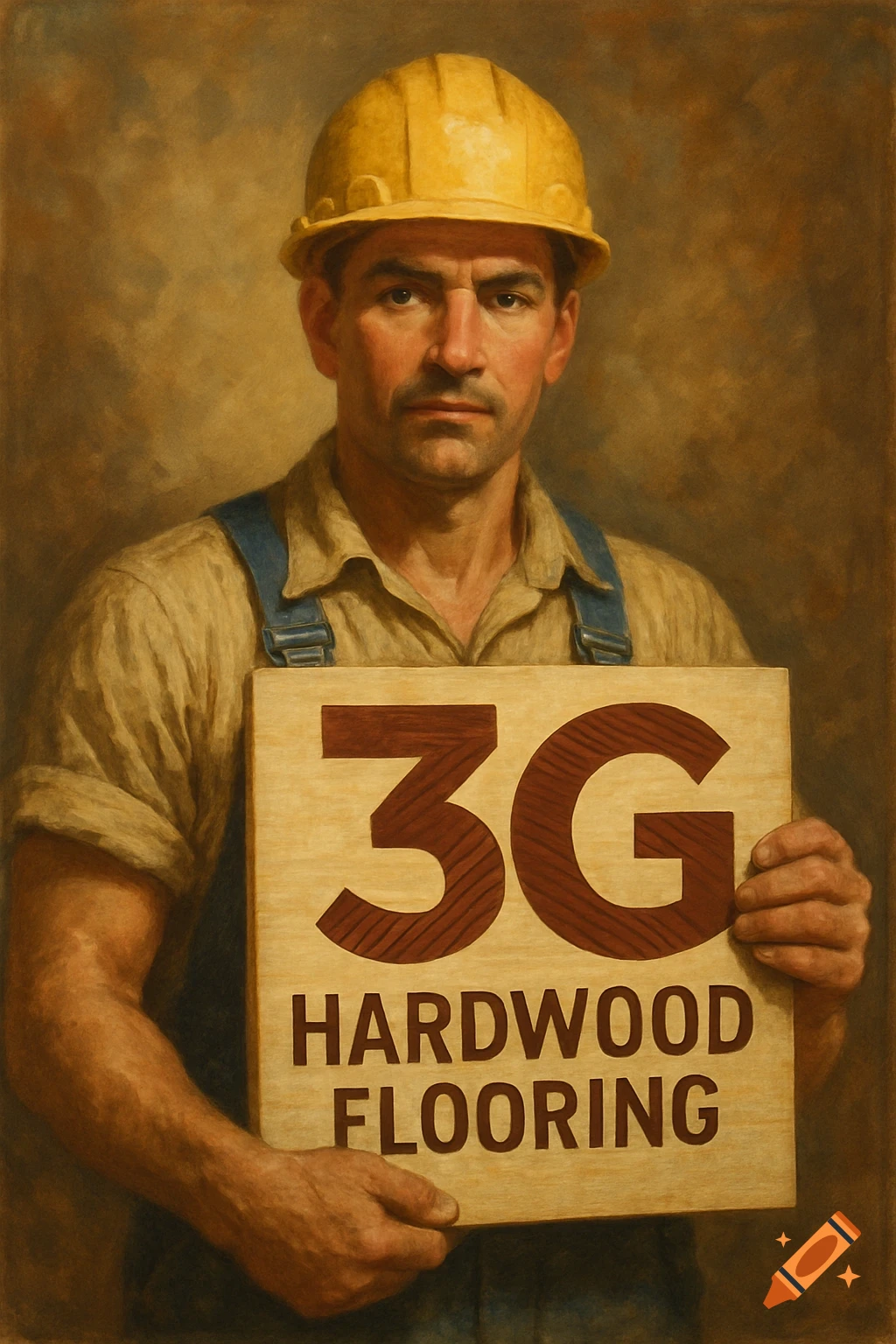 Painting of a construction worker in a hard hat holding a sign that says '3G HARDWOOD FLOORING ...