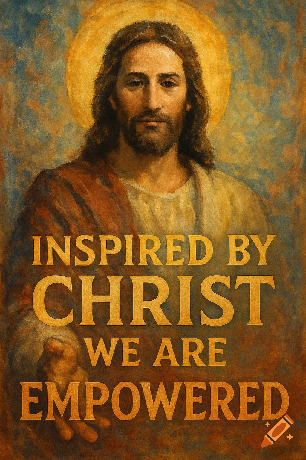 Painting of Jesus Christ with text overlay saying "Inspired by Christ ...