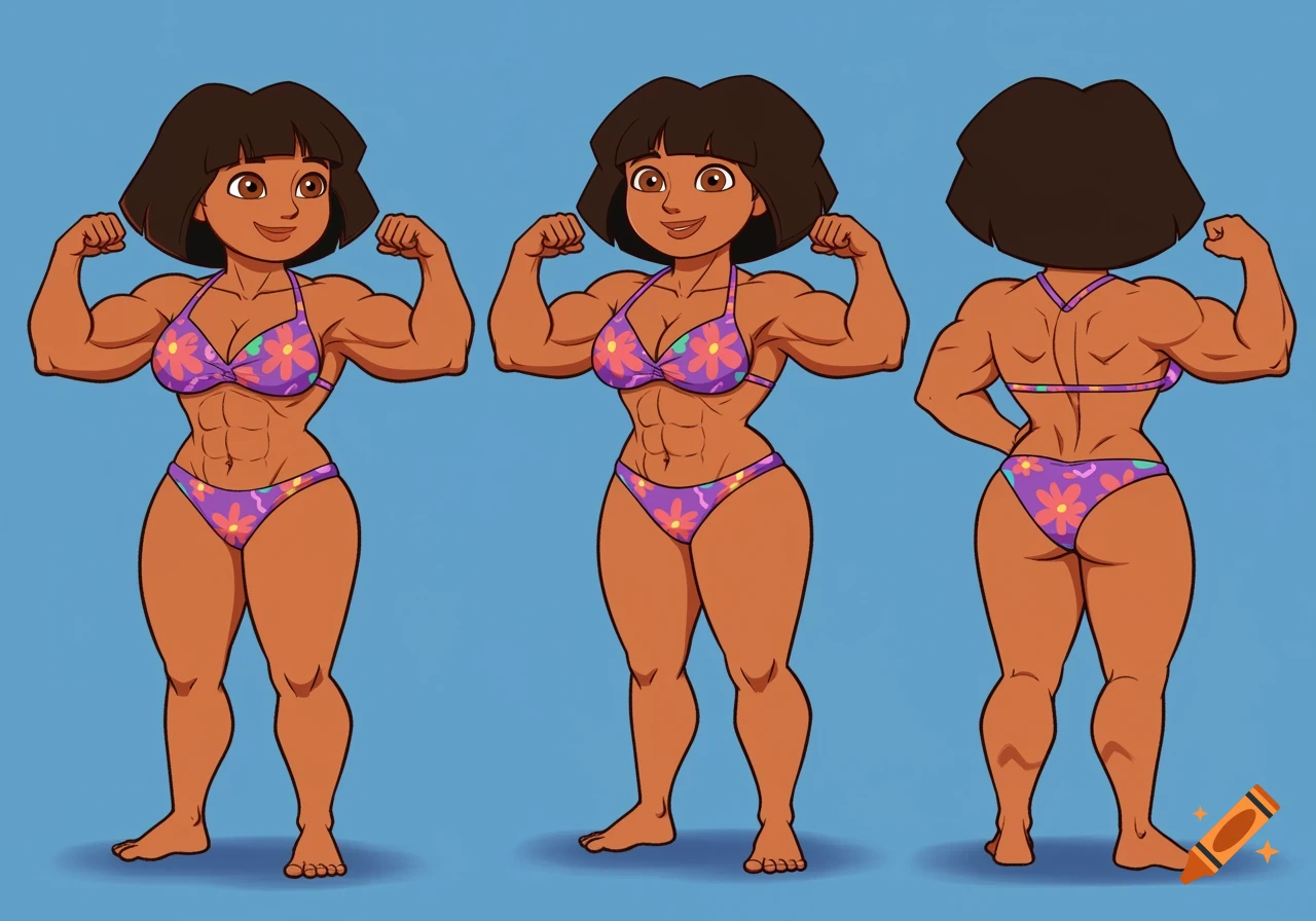 Cartoon character resembling Dora the Explorer in a floral bikini flexing muscles, front and ...